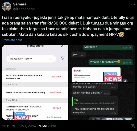 RM30K Salah Masuk Akaun, Tindakan Mulia Wanita Dipuji Kerana Pulangkan Wang Kepada Pemilik